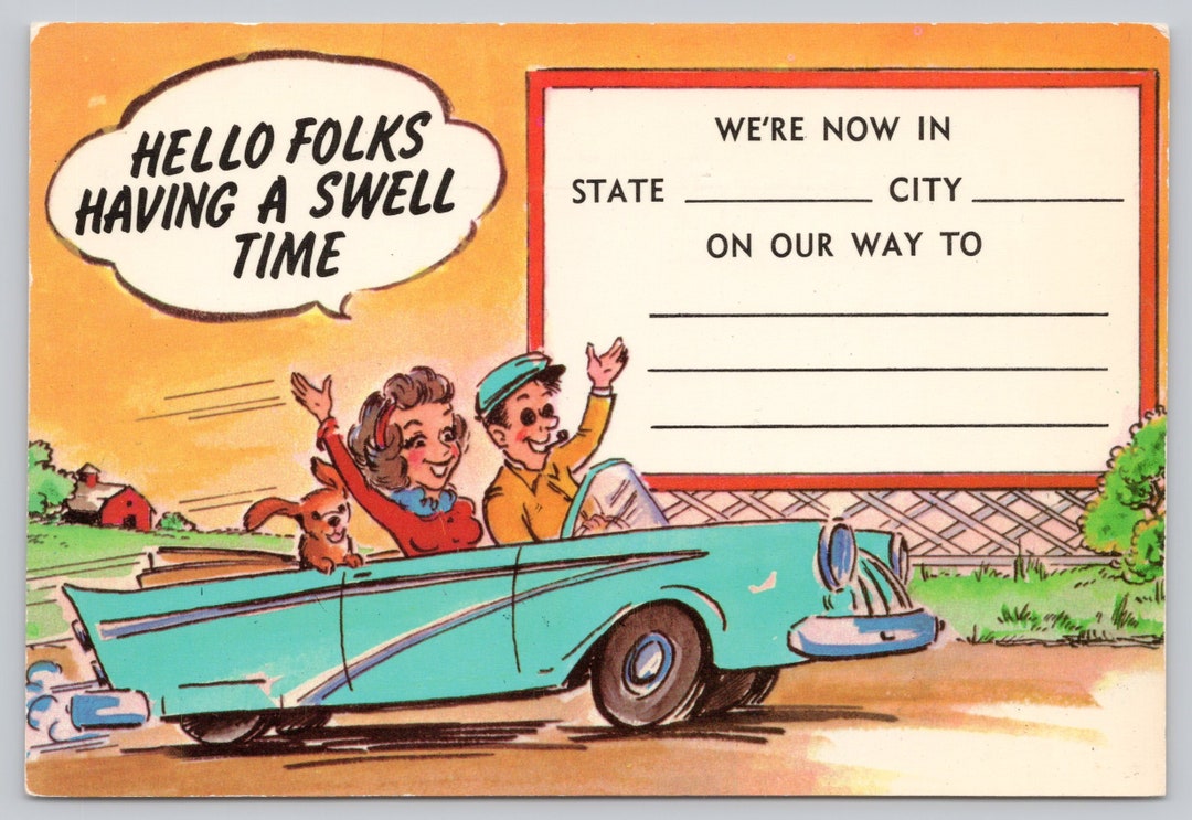 Vintage Comic Postcard, Couple & Dog Driving in Vintage Car, "hello ...