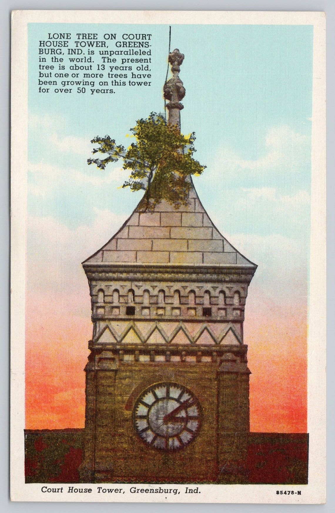 Vintage Postcard, Lone Tree on Court House Tower, Clocktower, Greensburg Indiana, 1940s Unposted ...