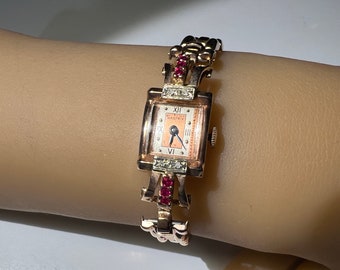C. 1940 14k Rose Gold and Ruby Retro Modern Swiss Women's Dress Watch ...