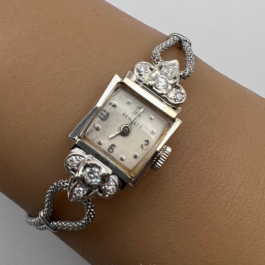 C. 1945 14k Gold and Diamond Mid-century Bennett Women's Cocktail Watch ...