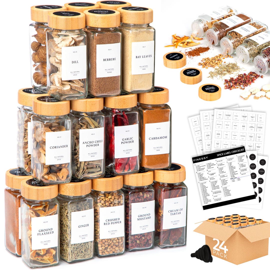 Glass Spice Jars With Bamboo Lids: 24 Pack, 4oz With Labels - Etsy