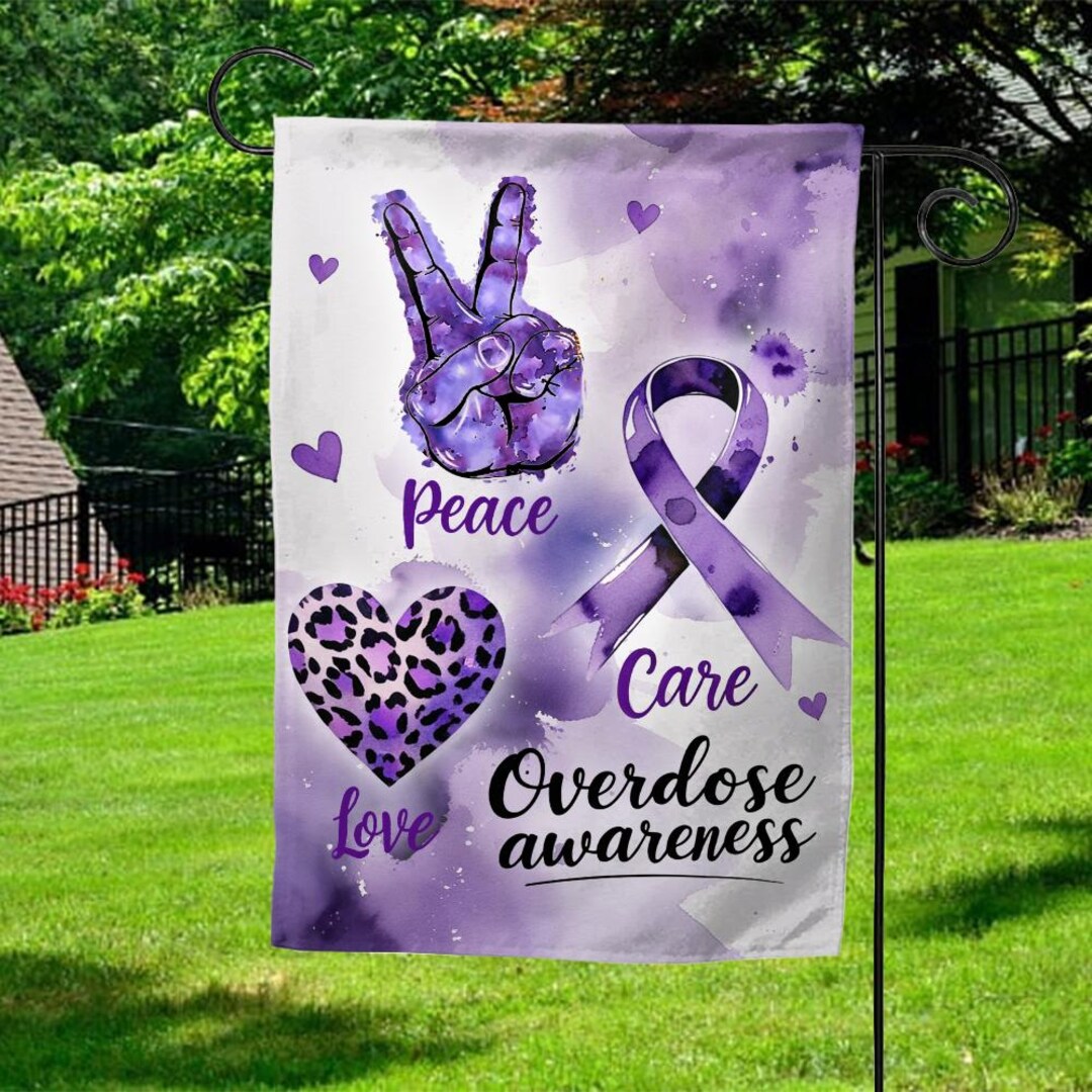 Overdose Awareness Peace Love Care Purple Ribbon Garden Flag, Addiction ...