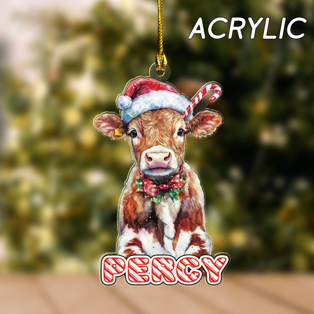 Cute Christmas Cow Acrylic Ornament, Custom Name Xmas Cow Ornament ...