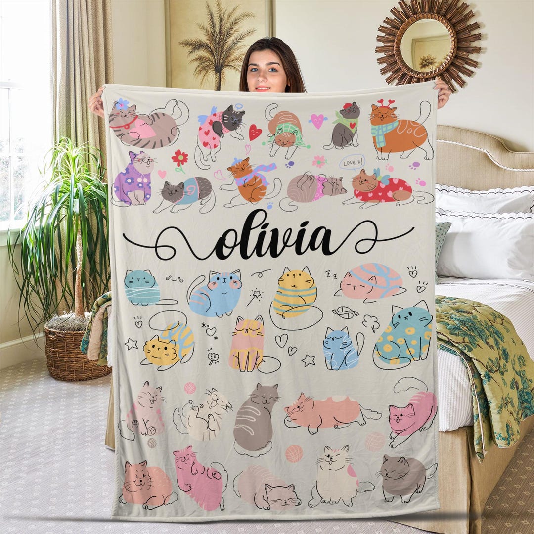 Personalized Cat Blanket, Cute Cats Blanket, Custom Name Soft Cozy ...