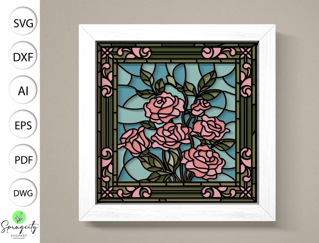 Vitrail fleurs roses Shadow Box 3D Svg, Rose 3D Box Svg, Rose Light Box ...