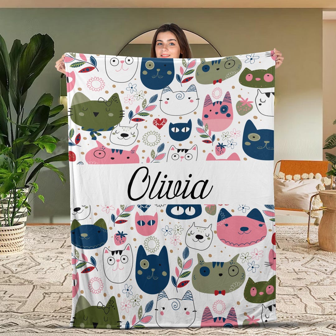 Personalized Cat Blanket, Cute Cats Blanket, Custom Name Soft Cozy ...