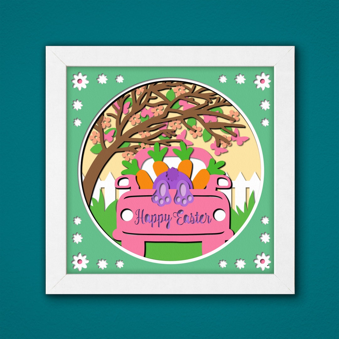 Happy Easter 3D Shadow Box Svg, Farm Truck Bunny Easter 3D Light Box ...