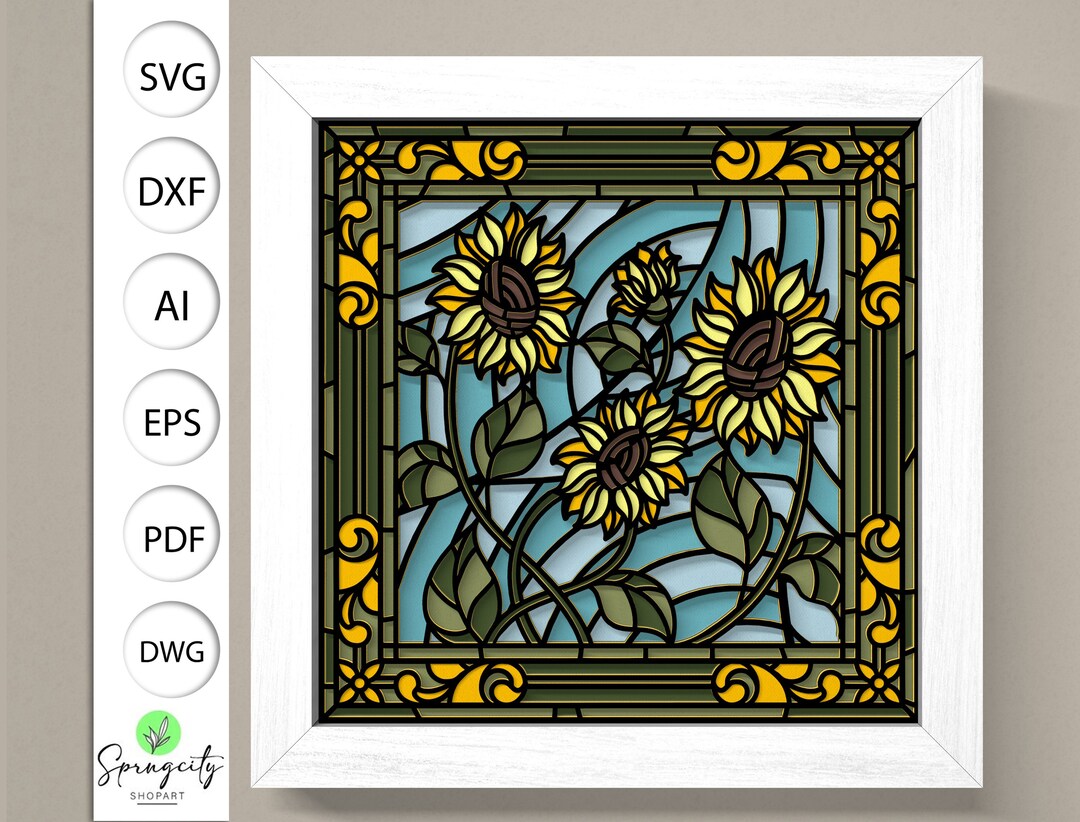 3D Stained Glass Sunflowers Svg, Flowers Shadow Box, 3D Flowers Svg, 3D ...