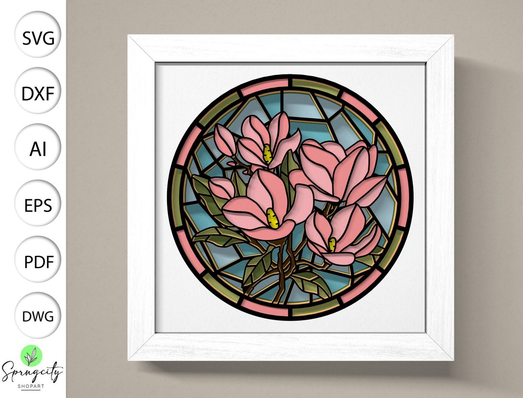 Stained Glass Magnolia Flowers Shadow Box 3D Svg ,magnolia 3D Box Svg ...