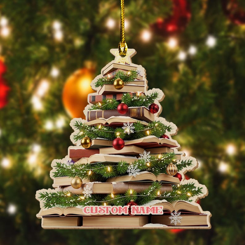 Custom Christmas Book Tree Name Ornament, Book Christmas Tree Book ...