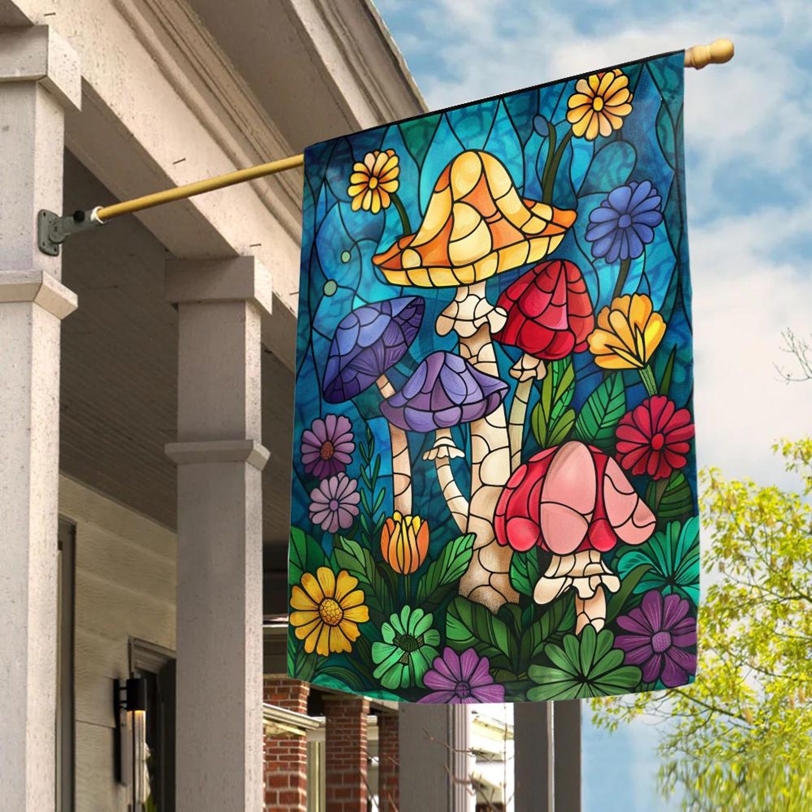 Mushroom Flag, Stained Glass Flag, Mushroom Lover Gift, Nature Flag ...