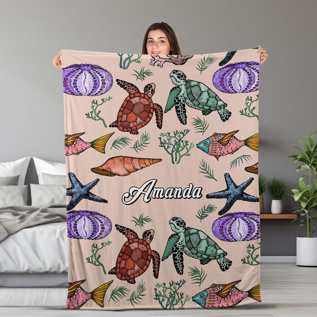 Personalized Turtle Blanket, Sea Turtle & Flower Blanket, Custom Name ...