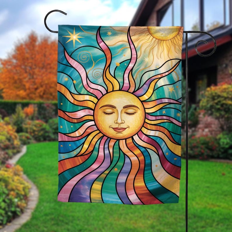 Welcome Home Garden Flag, Hippi Fun Wacky Sun, Summer Trip Flag, Sun ...