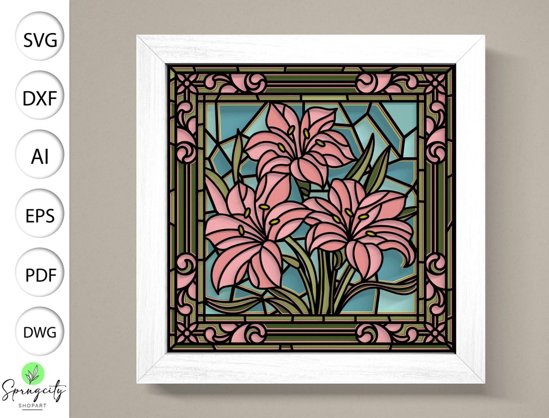 Stained Glass Lily Flower Shadow Box 3D Svg ,flower 3D Box Svg ,lily ...