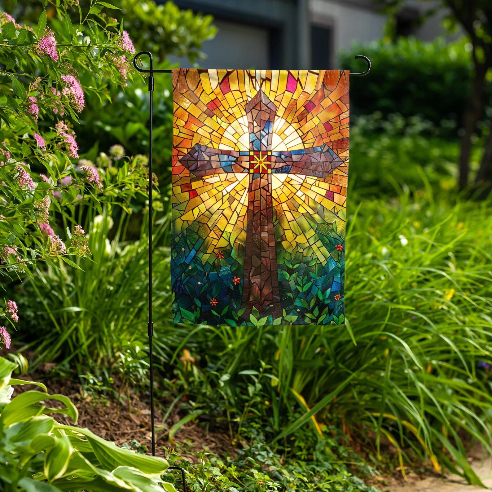 Cross Stained Glass Garden Flag, Christian Cross Garden Flag, Divine ...