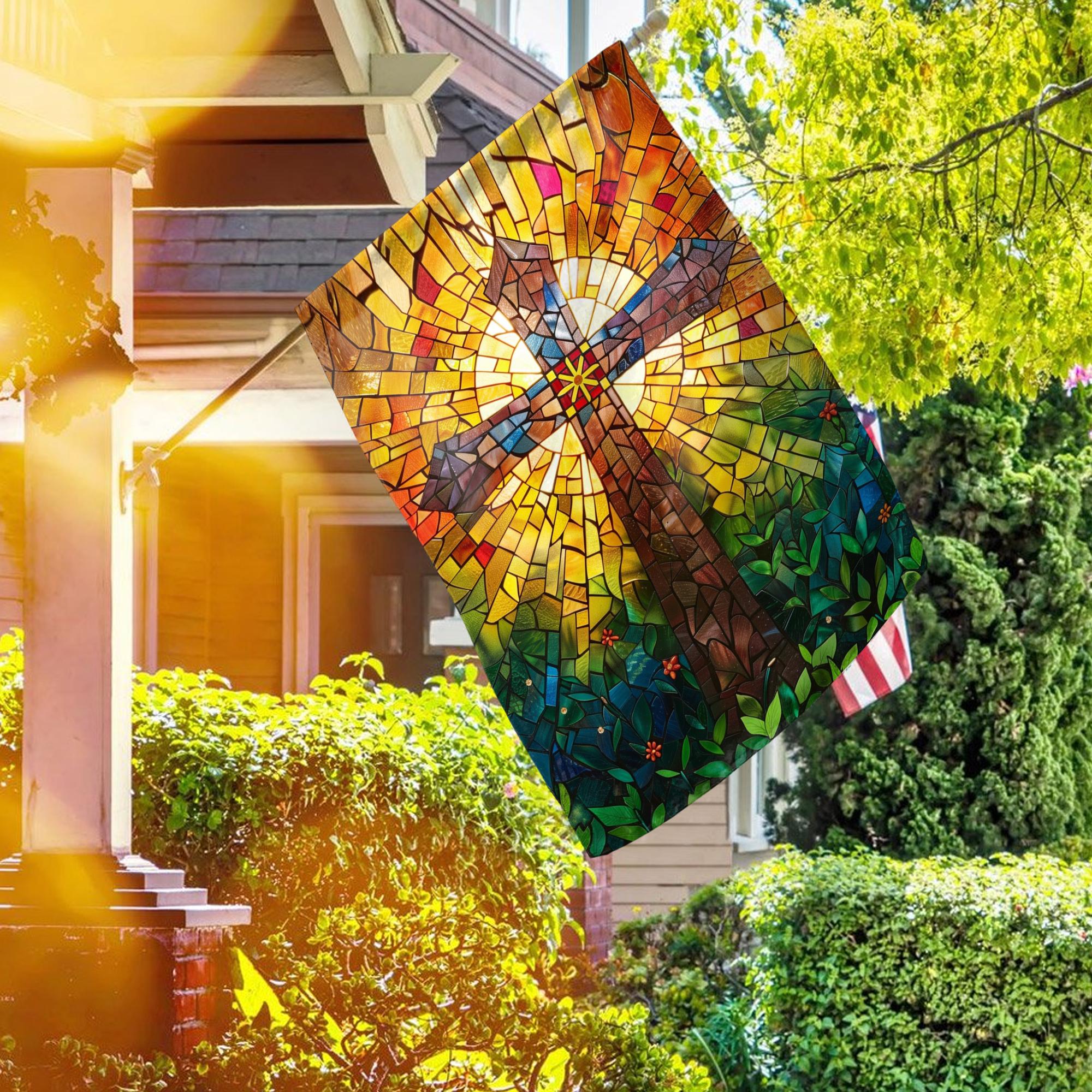 Cross Stained Glass Garden Flag, Christian Cross Garden Flag, Divine ...