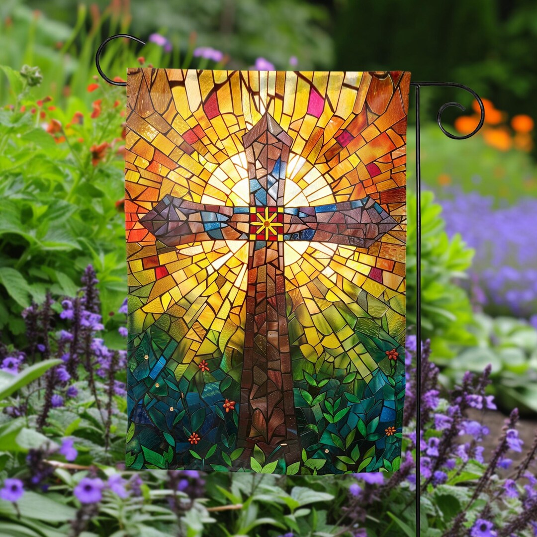 Cross Stained Glass Garden Flag, Christian Cross Garden Flag, Divine ...