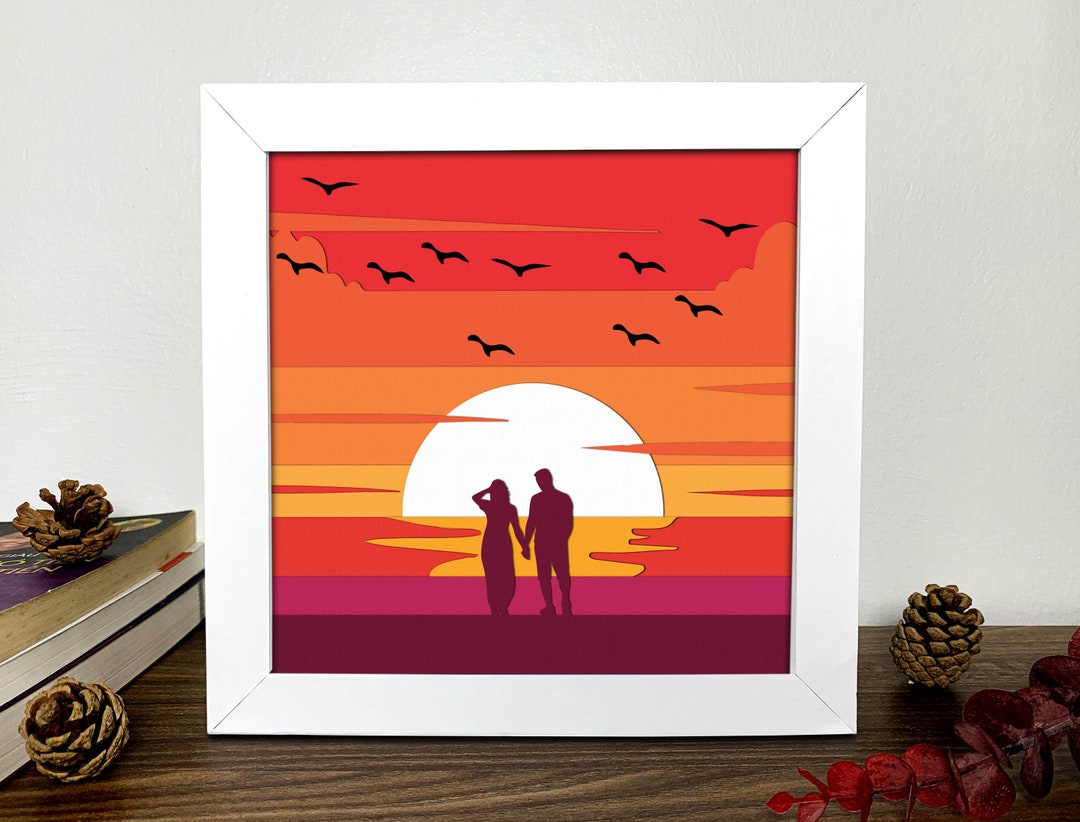 Sunset Beach Couple Shadow Box 3D Svg ,couple 3D Svg ,sunset Beach Svg ...