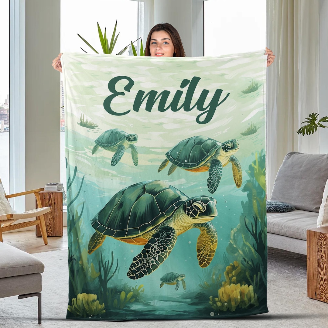 Personalized Turtle Blanket, Sea Turtle & Flower Blanket, Custom Name ...