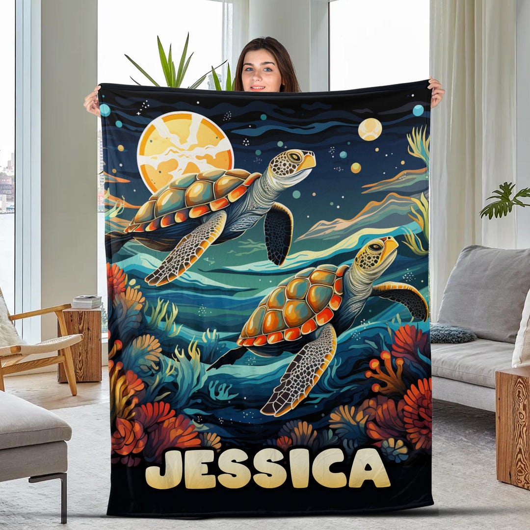 Personalized Turtle Blanket, Sea Turtle & Flower Blanket, Custom Name ...