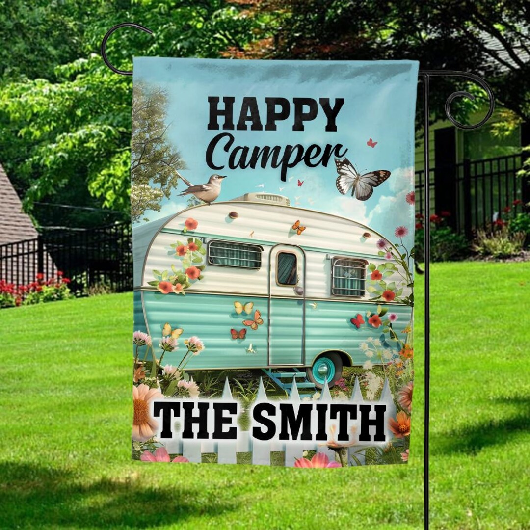 Happy Camper Garden Flag, Personalized, Flowers, Butterflies, Birds ...