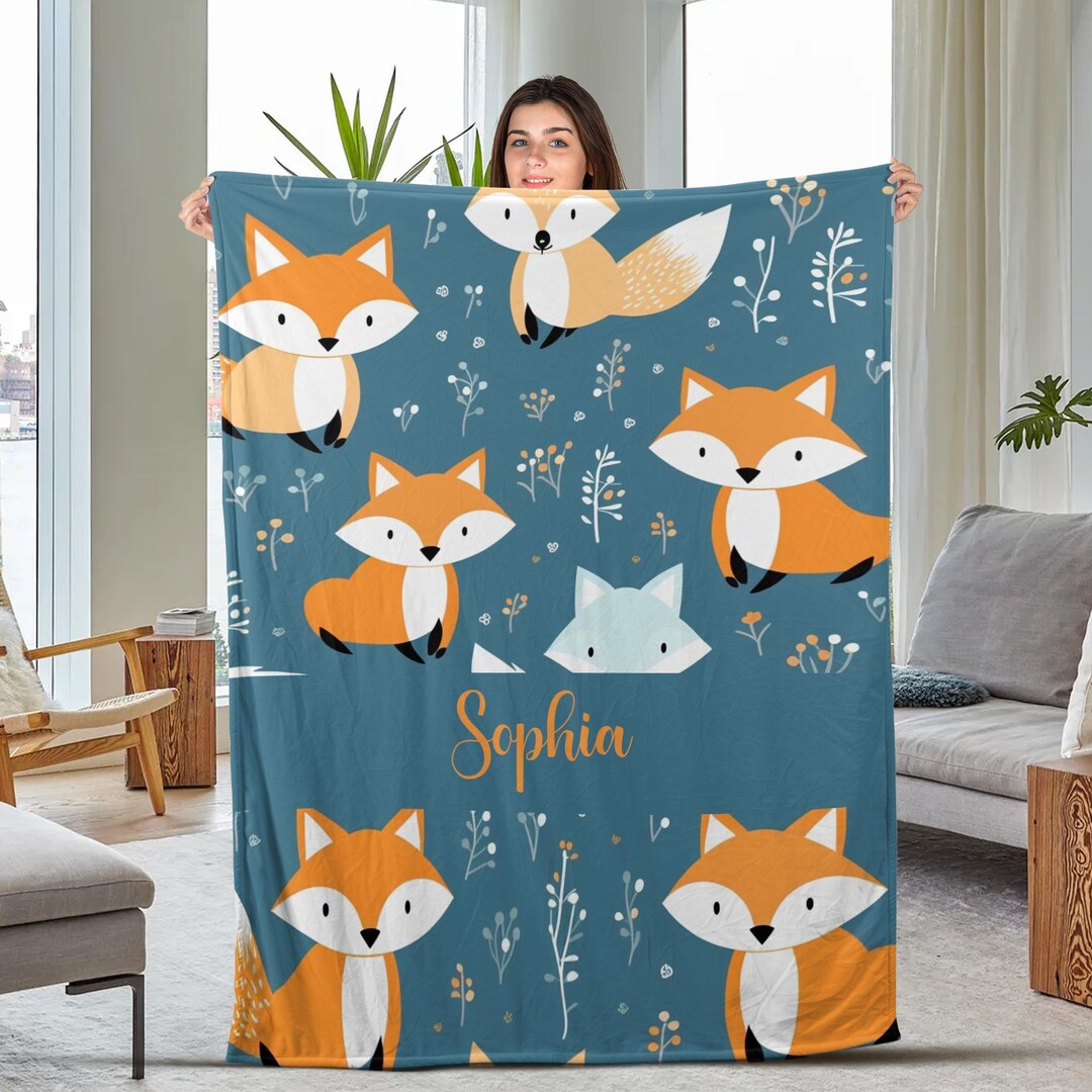 Personalized Fox Blanket, Fox Autumn Blanket, Custom Name Soft Cozy ...
