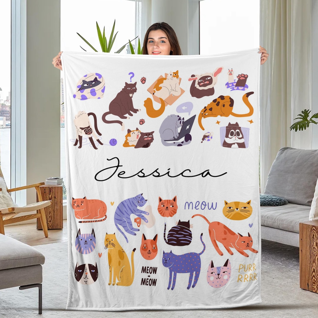 Personalized Cat Blanket, Cute Cats Blanket, Custom Name Soft Cozy ...