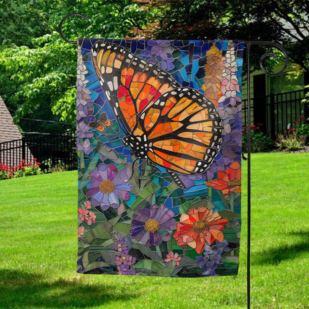 Butterfly Garden Flag, Butterfly Flag, Stained Glass Floral Garden Flag ...