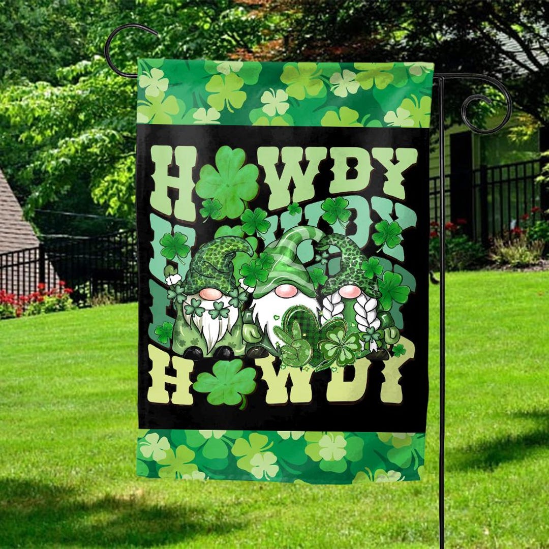 Howdy Party Gnome St. Patrick's Day Flag, Shamrock Hearts, Lucky Gnome Garden Decor, Irish ...
