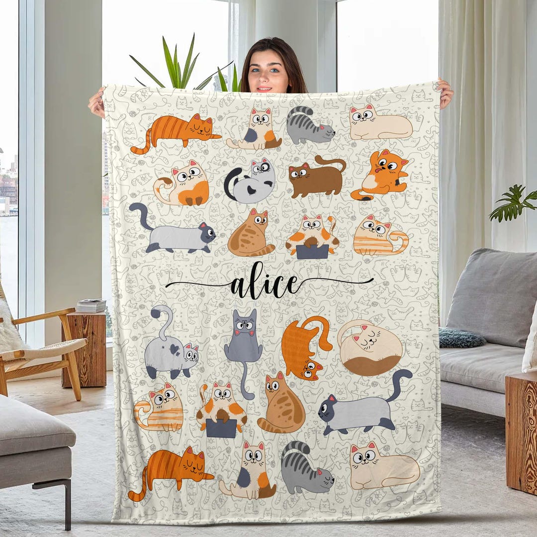 Personalized Cat Blanket, Cute Cats Blanket, Custom Name Velveteen ...