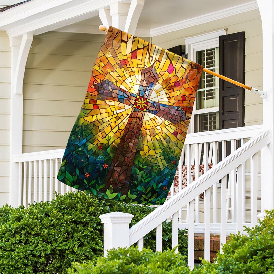 Cross Stained Glass Garden Flag, Christian Cross Garden Flag, Divine ...