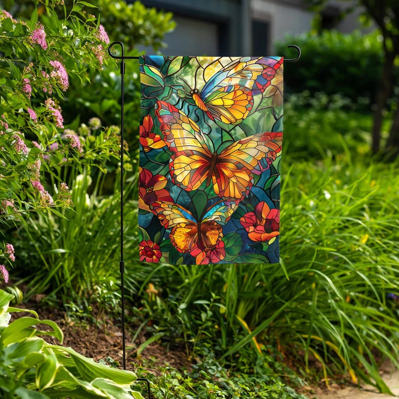 Stained Glass Butterfly Garden Flag, Floral Butterfly Flag,butterfly ...
