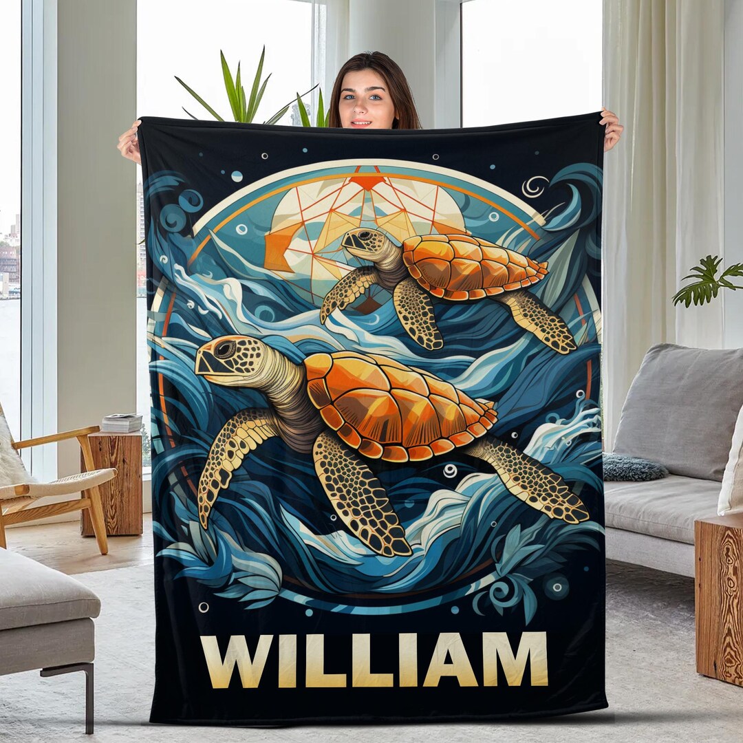Personalized Turtle Blanket, Sea Turtle & Flower Blanket, Custom Name ...