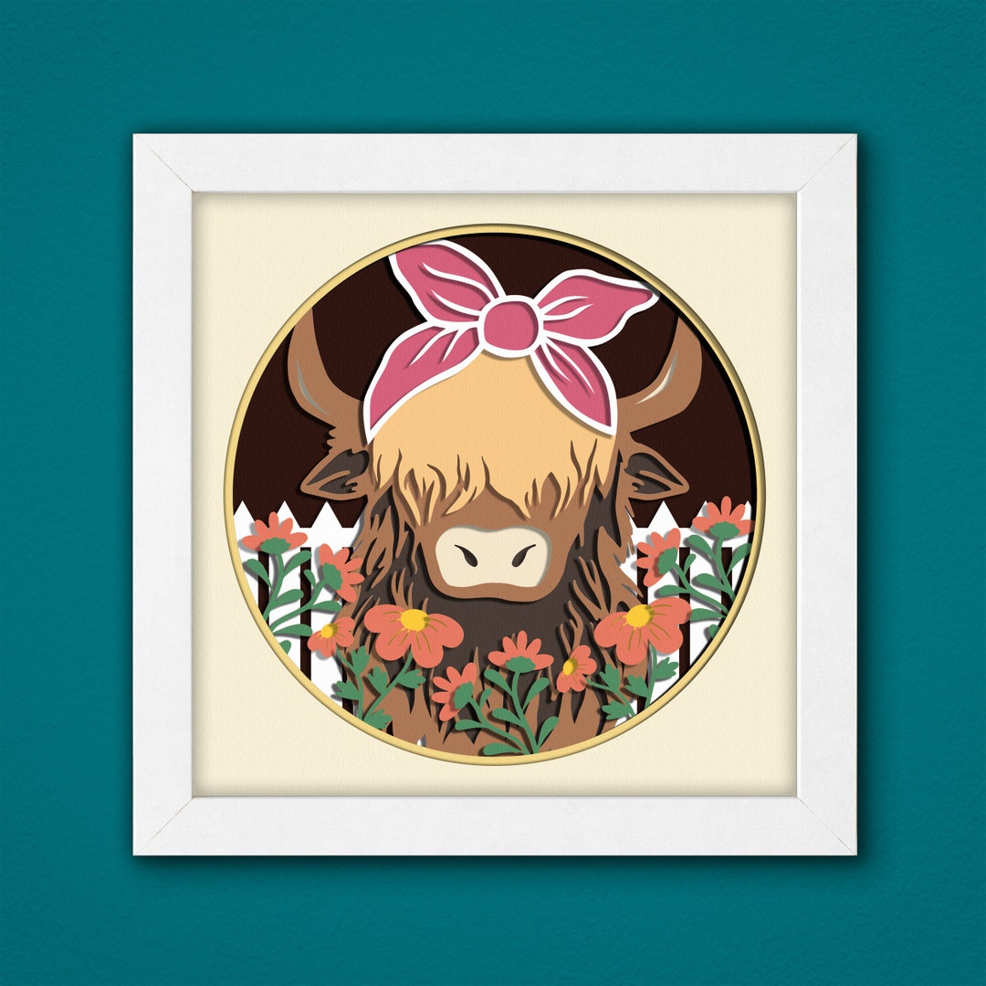 Highland Cow Flower Shadow Box 3D Svg,highland Cow 3D Svg,animal 3D Box ...