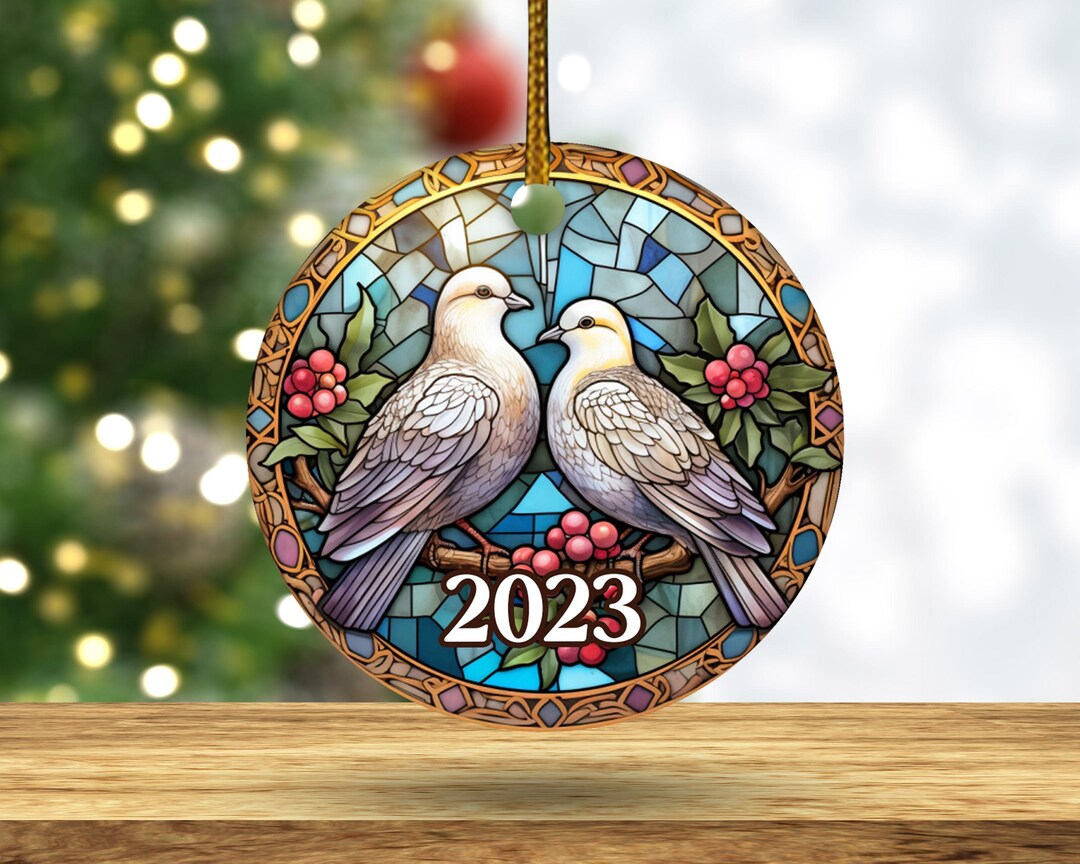 Two Turtle Doves Faux Stained Glass Ornament, Christmas Decoration ...