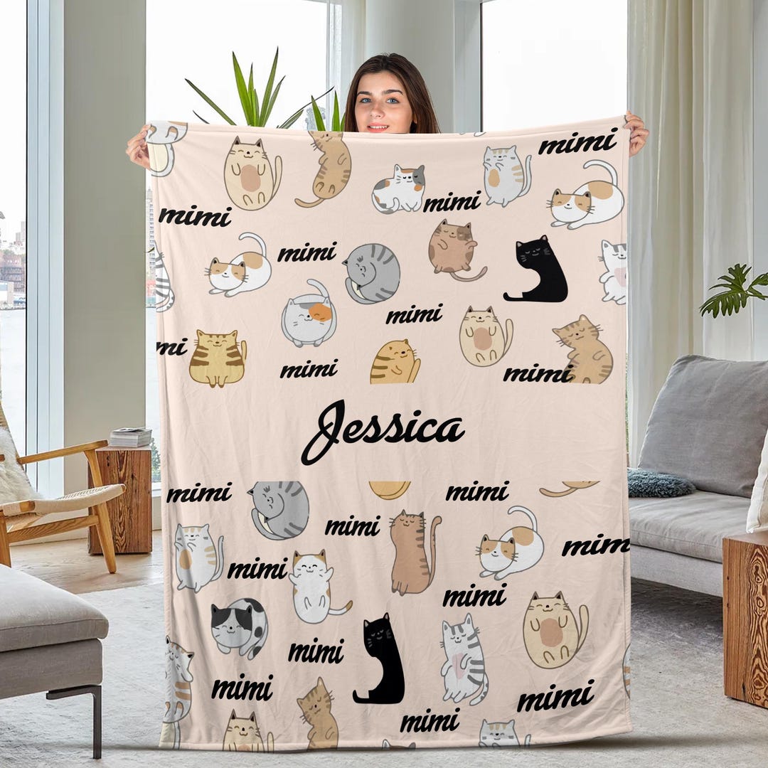 Personalized Cat Blanket, Cute Cats Blanket, Custom Name Soft Cozy ...