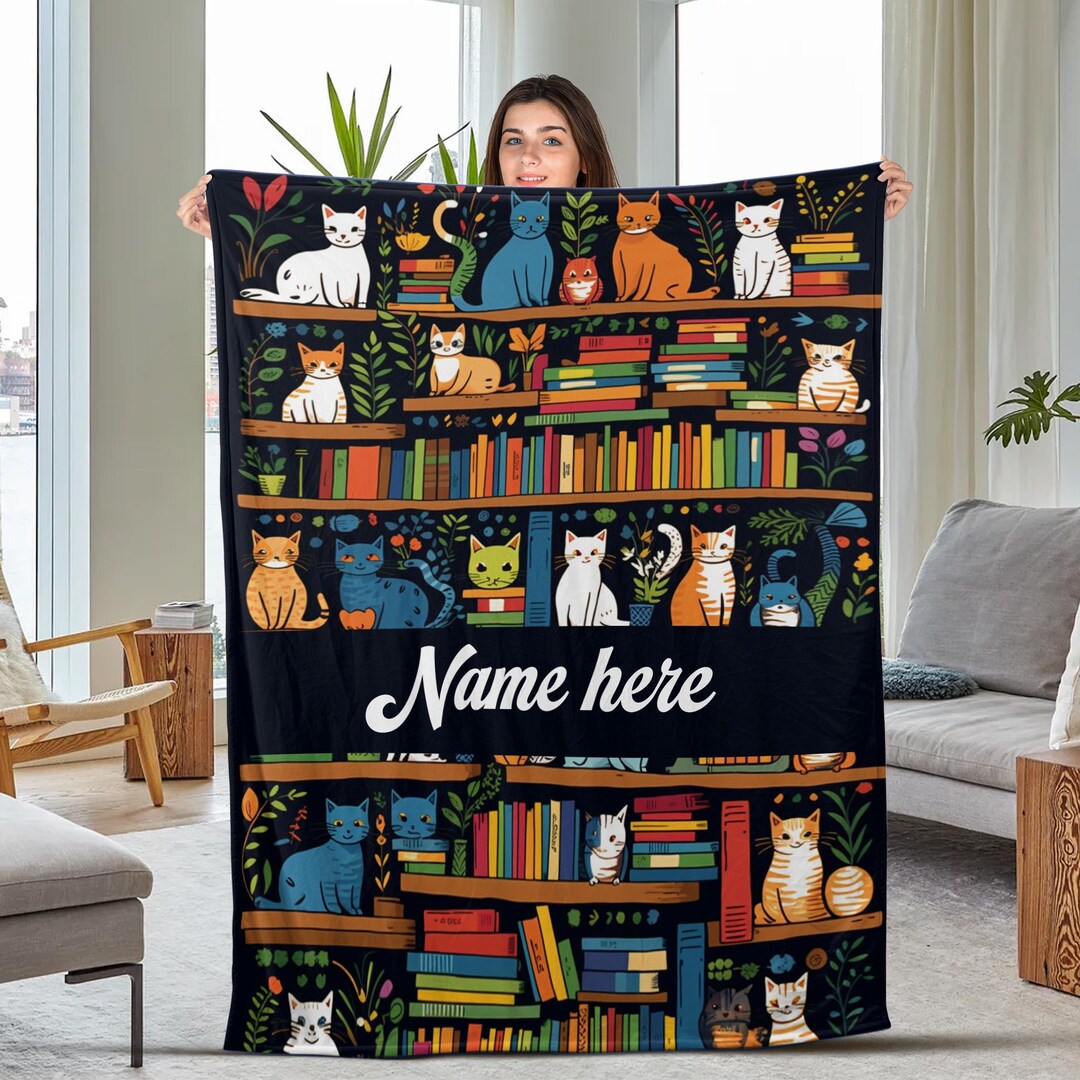 Book and Cat Blanket, Bookish Blanket, Reading Cat Blanket, Cat Lover ...
