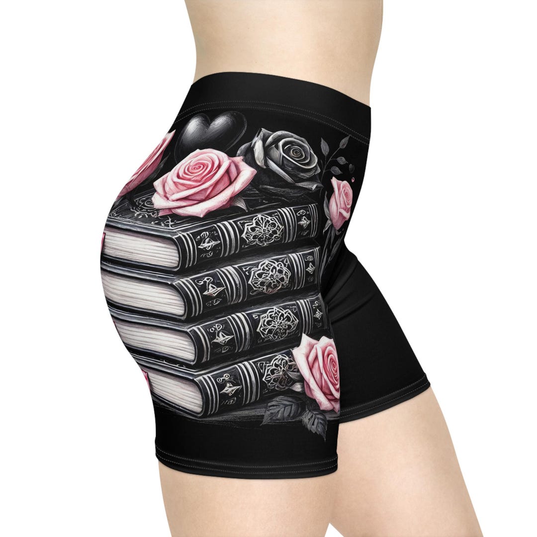 Gothic Books and Roses Women's Biker Shorts, Book Lover Athletic Shorts ...