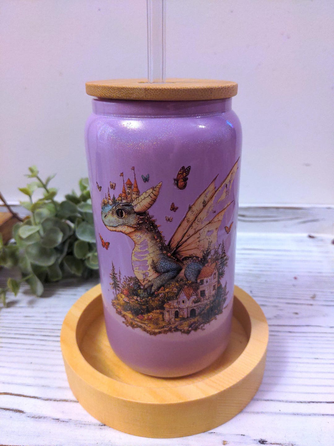 Dragon Cottagecore Glass Can Cup, Fantasy Holographic Glitter Glass ...