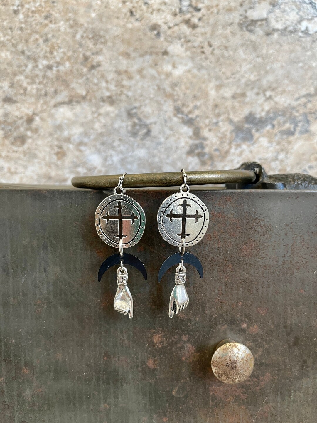 Heraldic Cross, Hand, & Moon Drop Earrings Handmade One of a Kind - Etsy