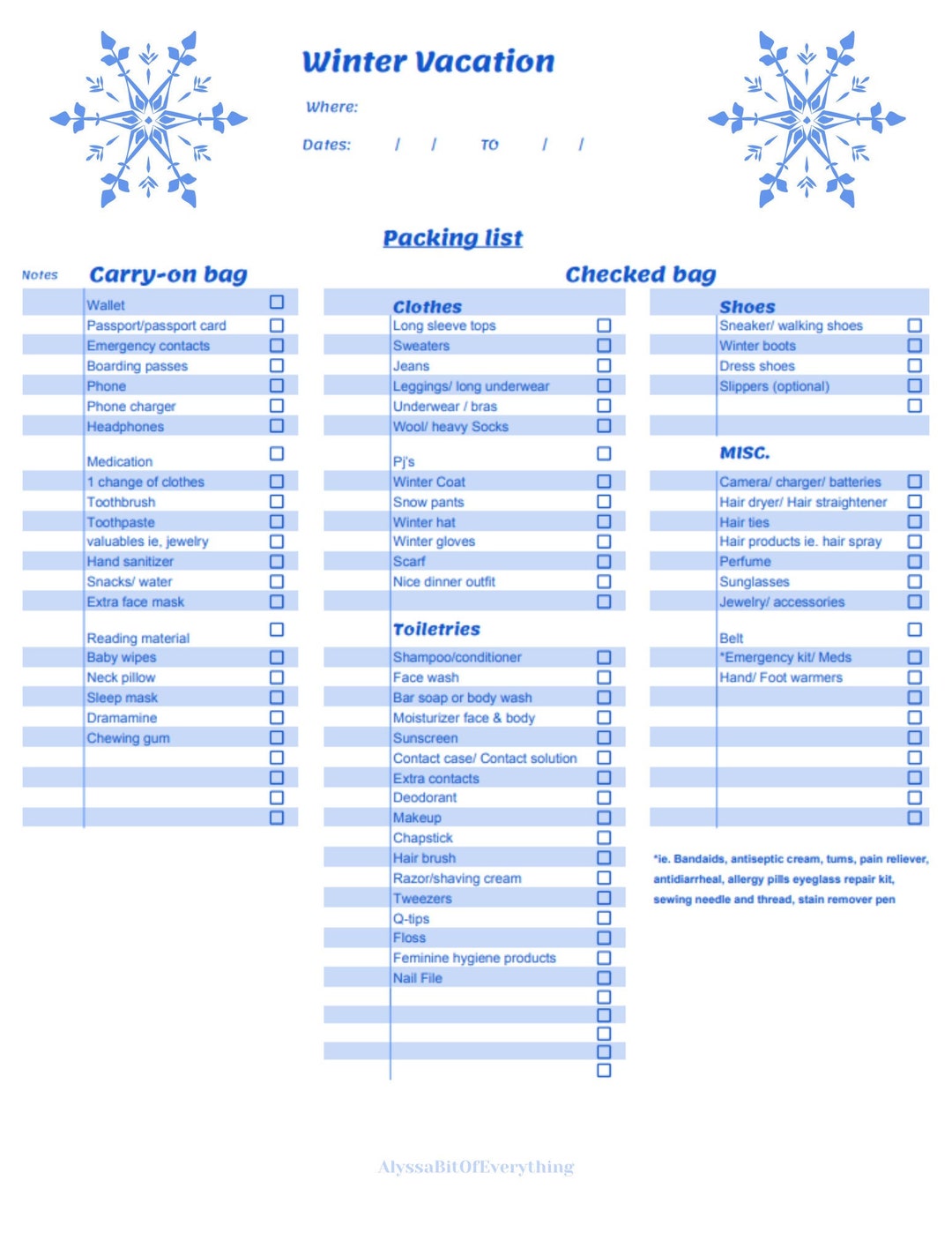 Winter Vacation/holiday Packing List - Etsy