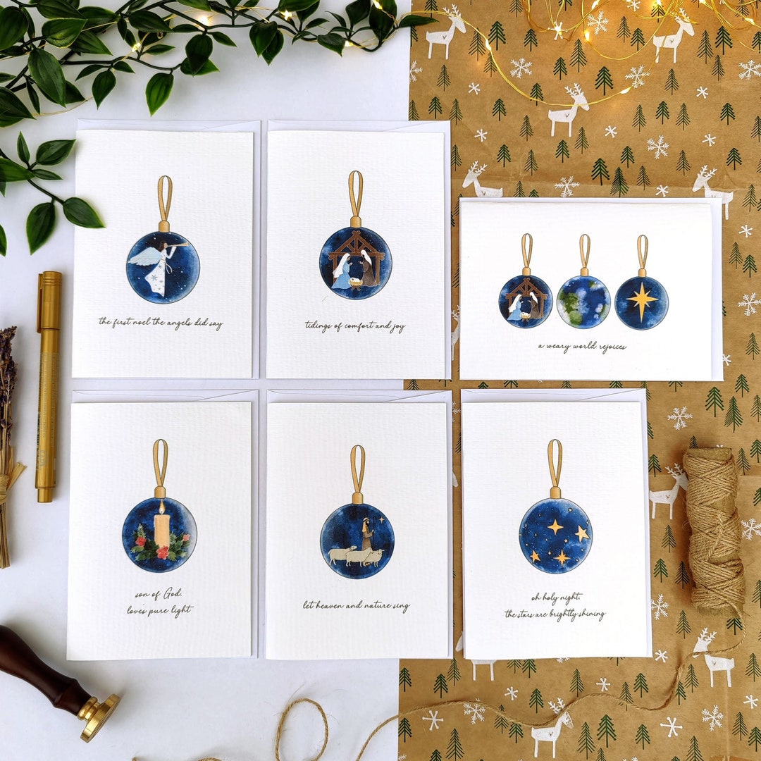 Pack of Six Christmas Carol Cards | Hand Drawn Christmas Bauble Design ...