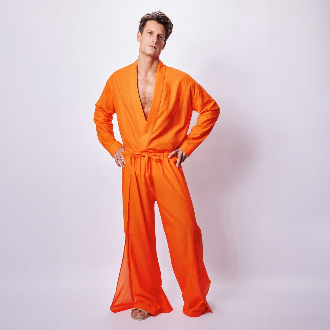Orange Cotton Kimono Set: Men's Lightweight Summer Robe & Pants - Etsy