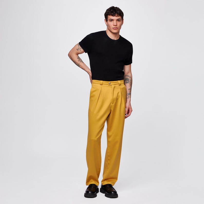 Pantalones palazzo amarillo mostaza para hombre, pantalones plisados de ...