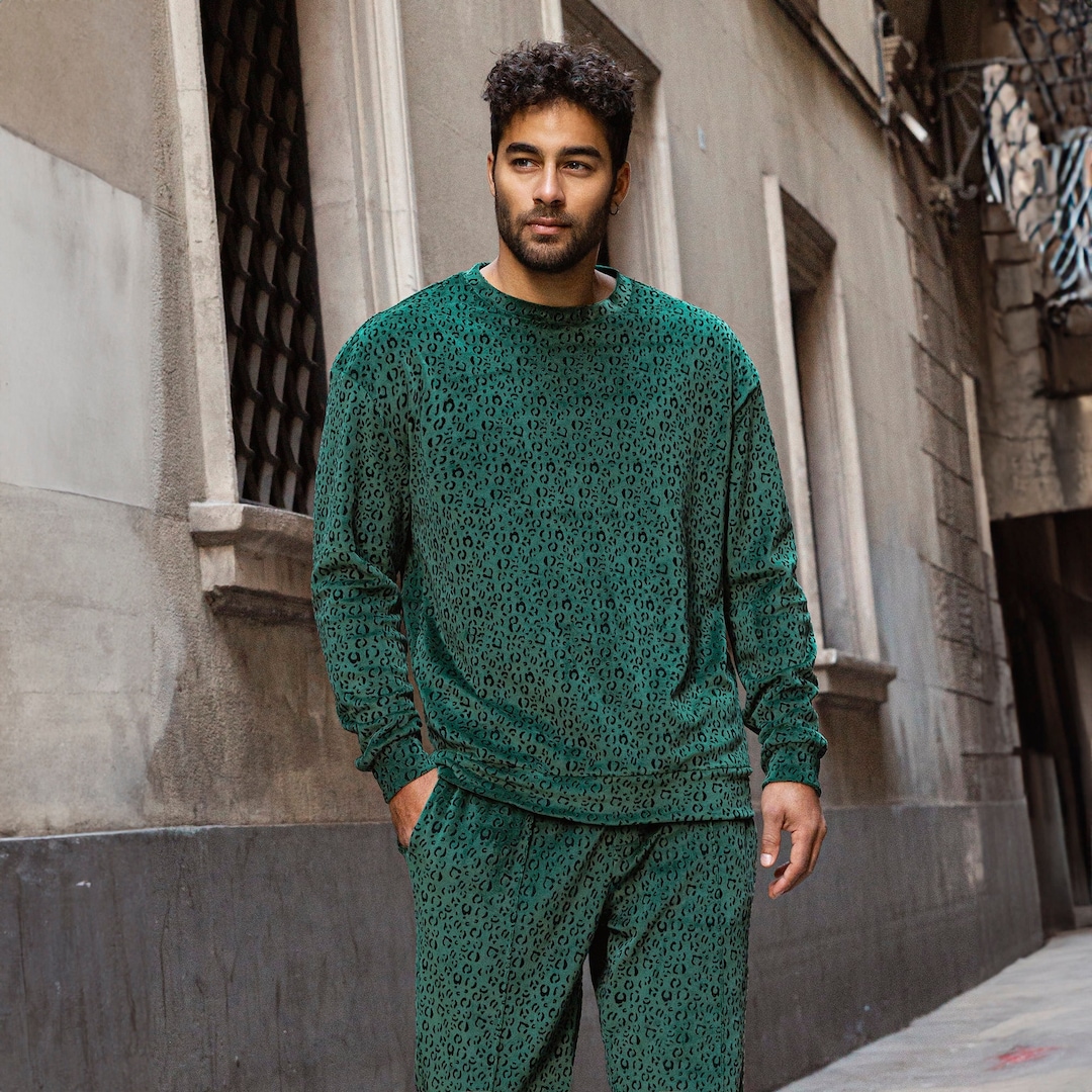 Stylish Green Leopard Print Tracksuit for Men – Premium Velvet Two ...