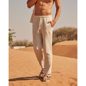 Beige Muslin Linen Pants,muslin Pants Men,linen Mens Clothing, Soft ...
