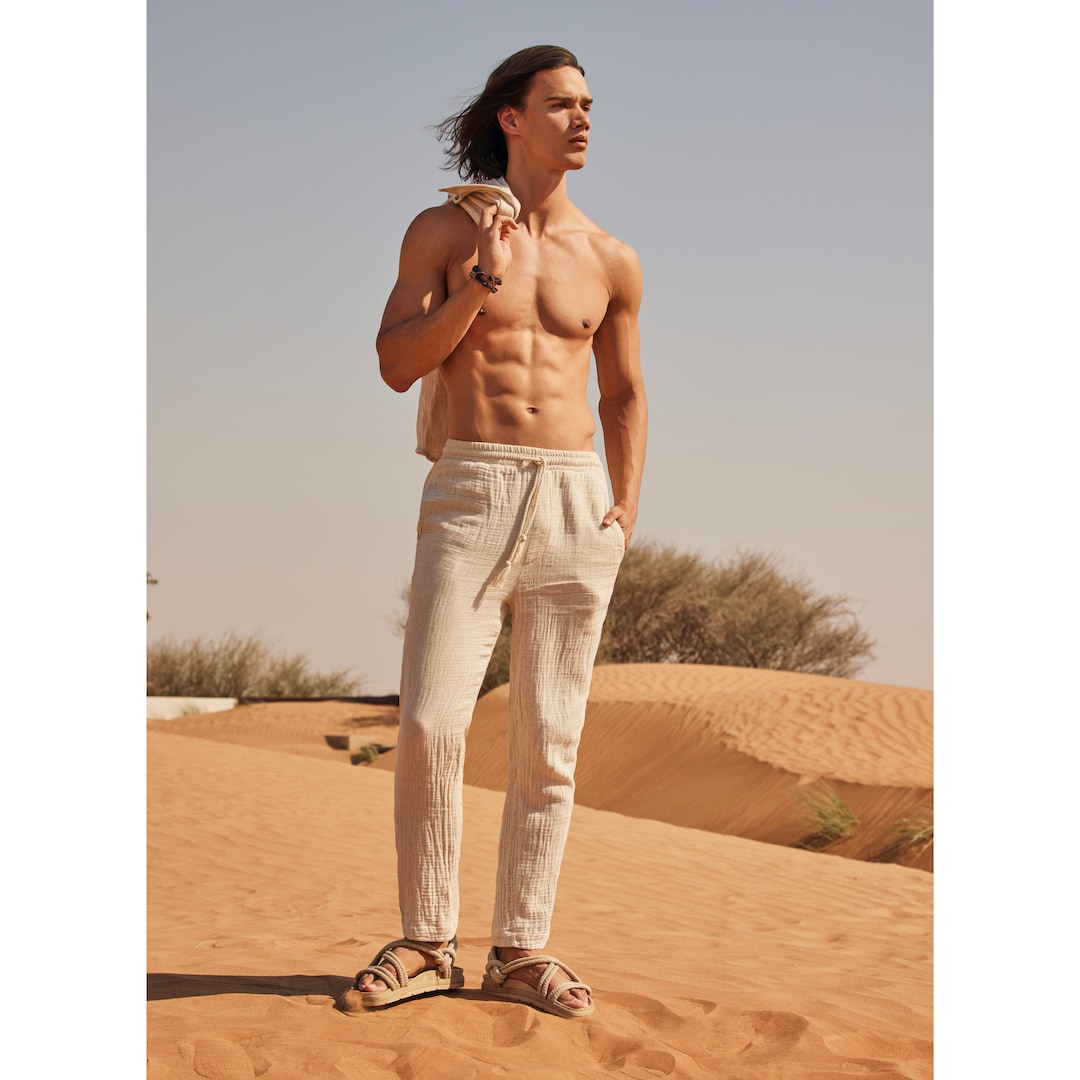 Beige Muslin Linen Pants,muslin Pants Men,linen Mens Clothing, Soft ...