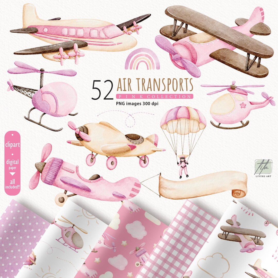 Watercolor Air Transport Clipart, Pink Air Transport, Airplane Clipart ...