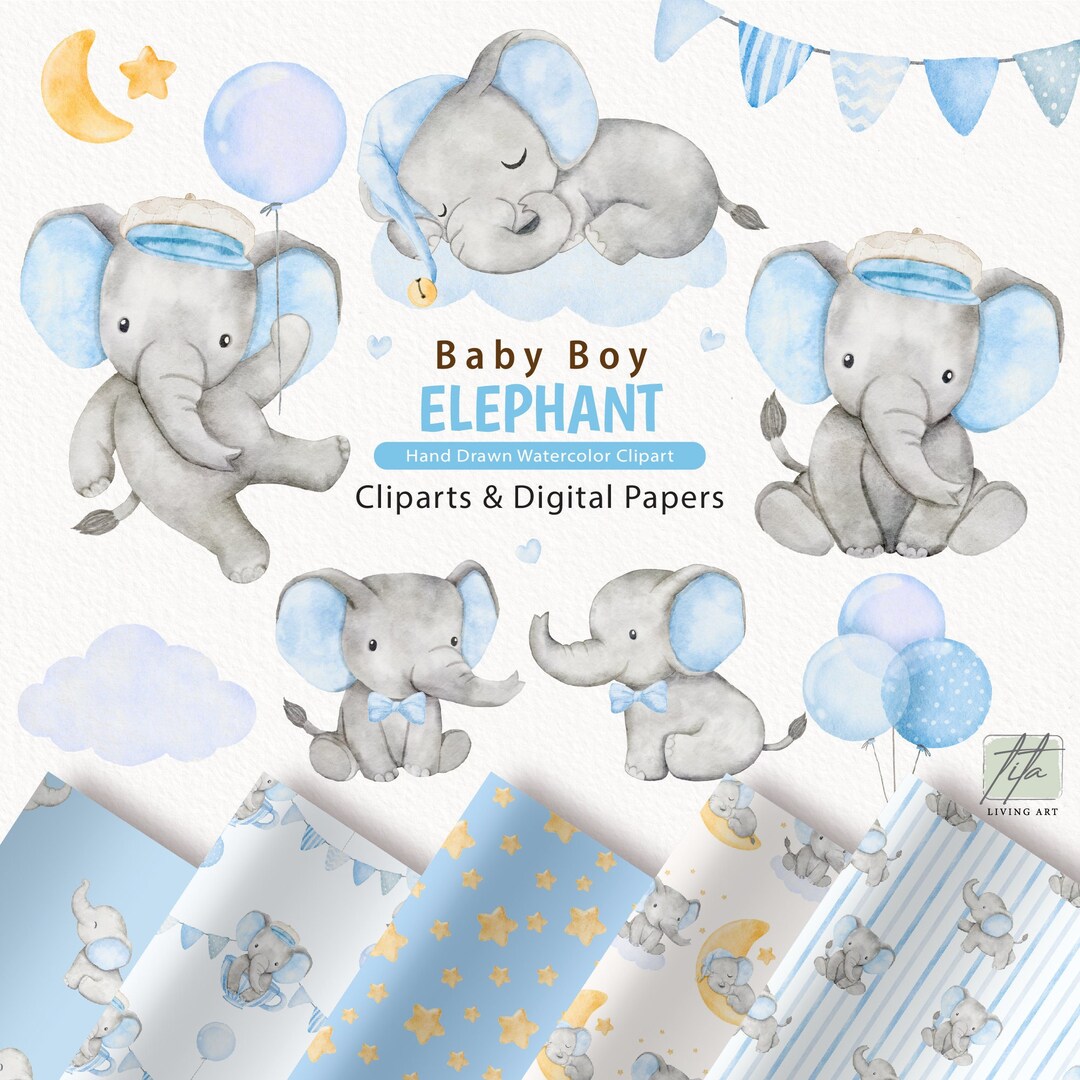 Watercolor Baby Elephant Clipart, Boy Wall Art, Nursery Decor, Cute ...