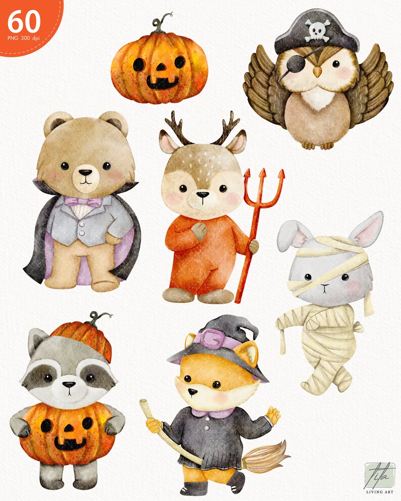 Watercolor Halloween Clipart, Halloween Party Animals, Witch, Vampire ...